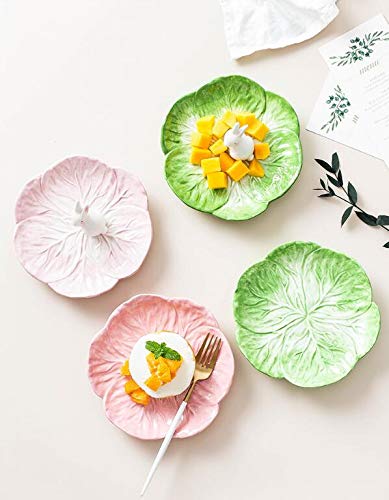 Espicades Cabbage Series Cartoon Ceramic Dinner Bowl&Plate with Spoon Set-Pink/Green(1 Bowl+1 Plate+1 Spoon) Set of 3