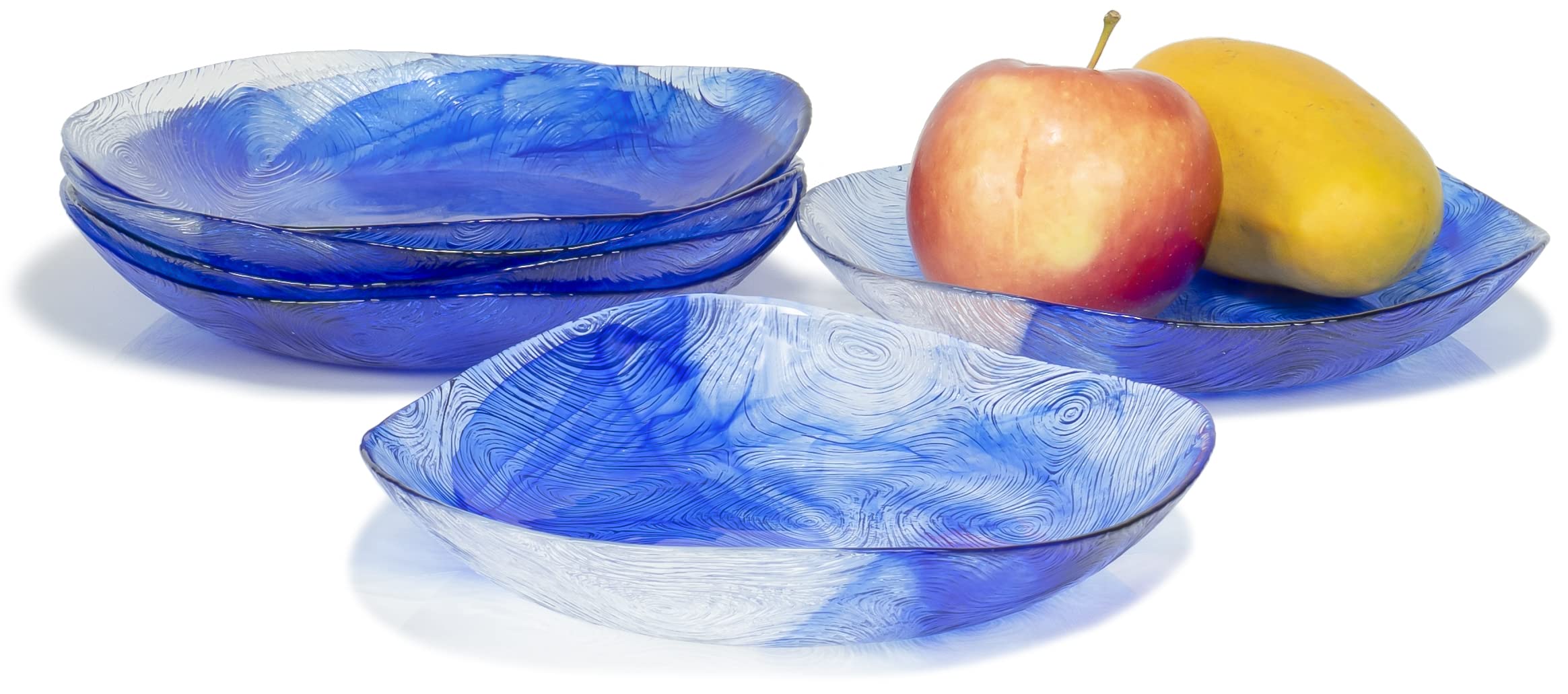 Red Co. Set of 6 Round 10 Oz Blue Etched Wavy Glass Deep Soup Serving Bowls, Medium