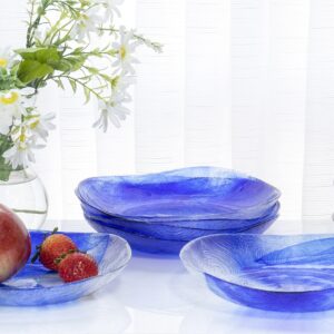 Red Co. Set of 6 Round 10 Oz Blue Etched Wavy Glass Deep Soup Serving Bowls, Medium