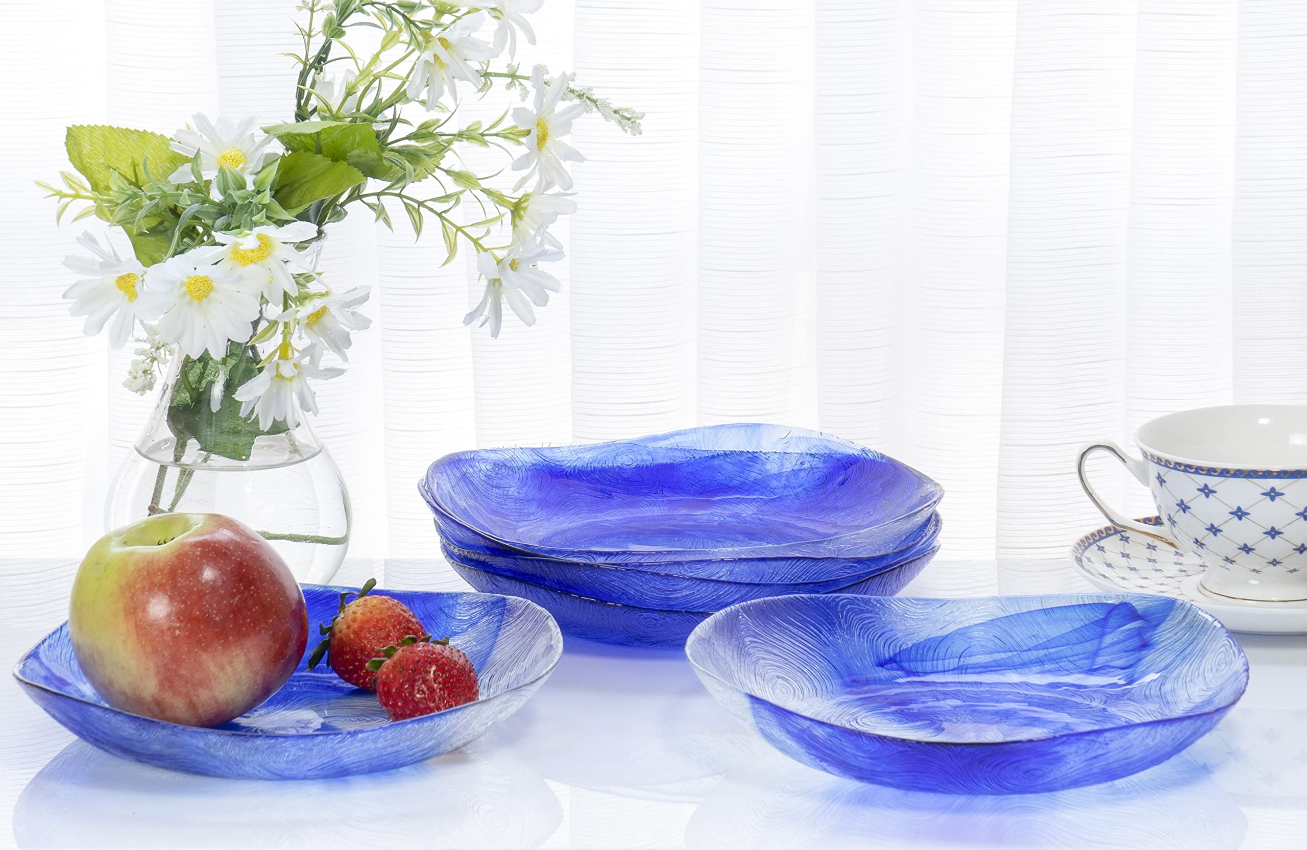 Red Co. Set of 6 Round 10 Oz Blue Etched Wavy Glass Deep Soup Serving Bowls, Medium