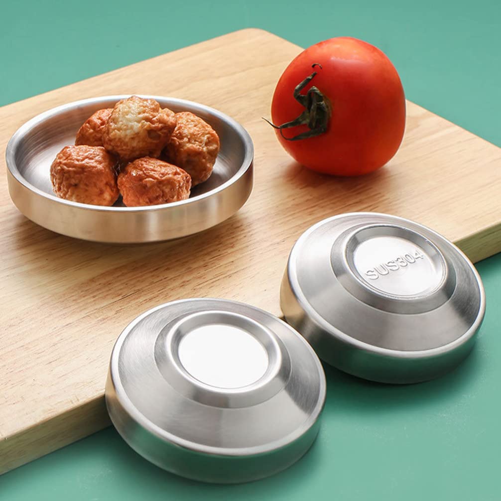 2pcs Stainless Steel Appetizer Plates Sauce Dish Rice Bowl Double-walled Metal Plates Seasoning Plate Kimchi Dish Cold Dishes Container Insulated Soup Bowls Snacks Bowls 4.5 Inch