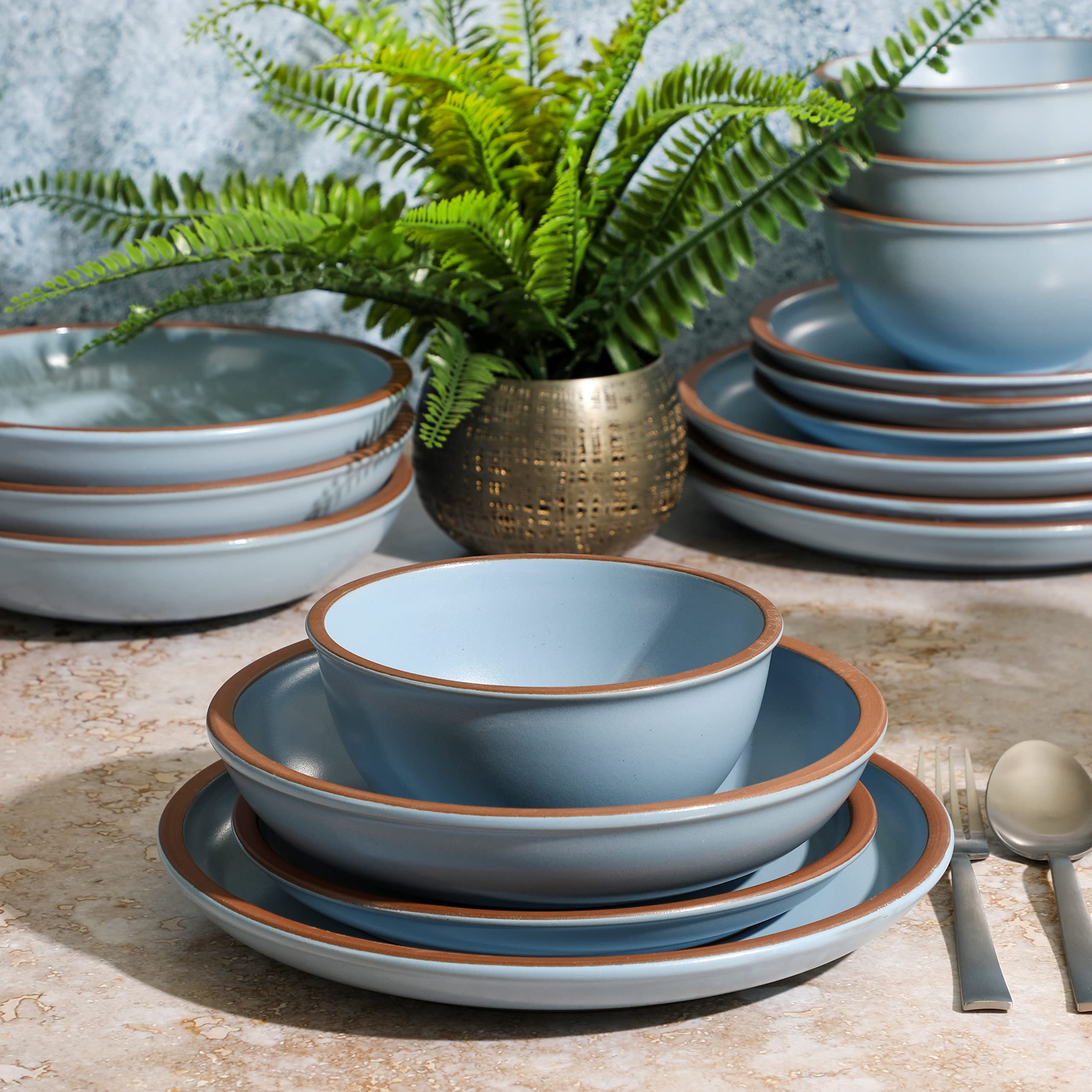 Gibson Elite Lagos 16 Piece Double Bowl Dinnerware Set, Light Blue, Service for 4 (16pcs)