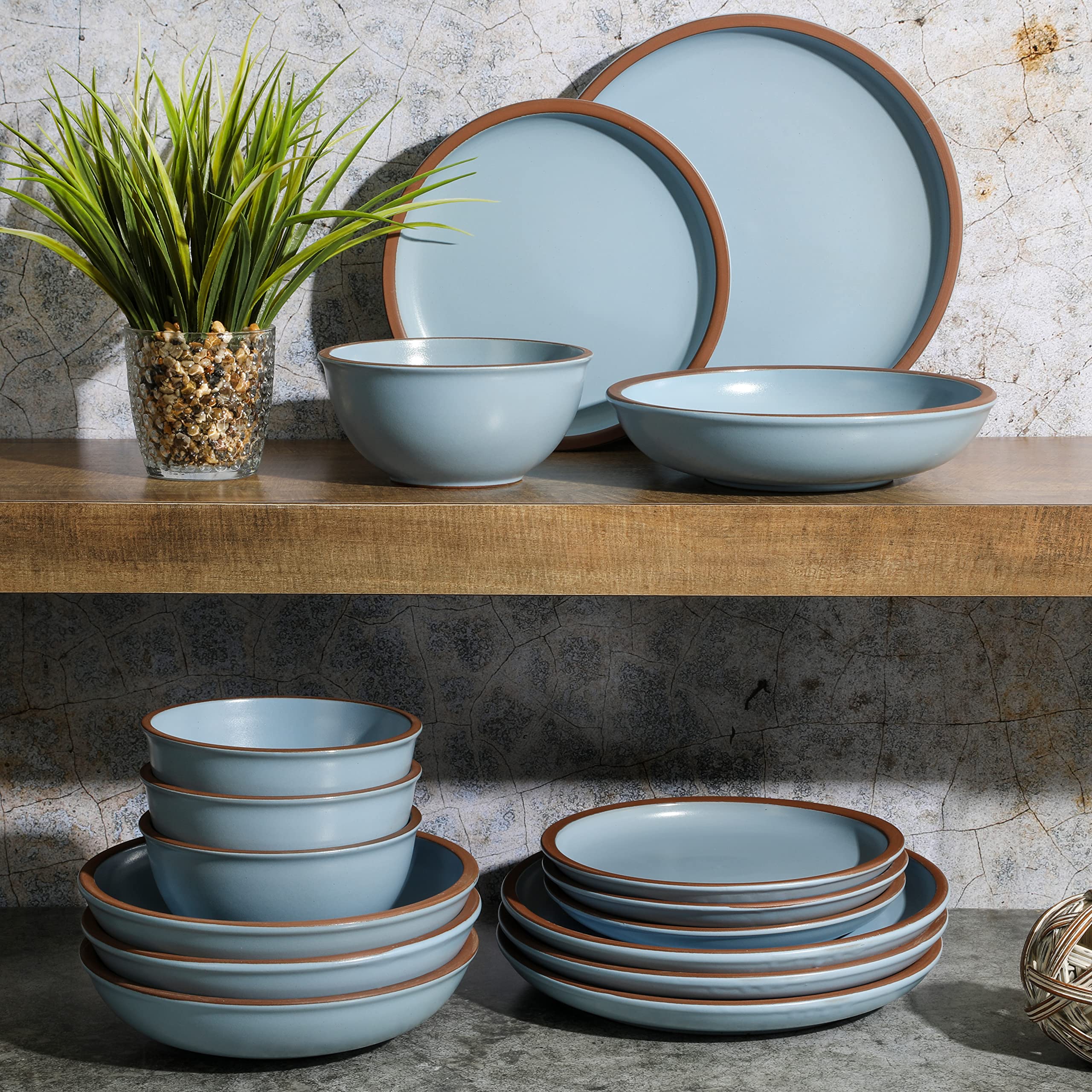 Gibson Elite Lagos 16 Piece Double Bowl Dinnerware Set, Light Blue, Service for 4 (16pcs)