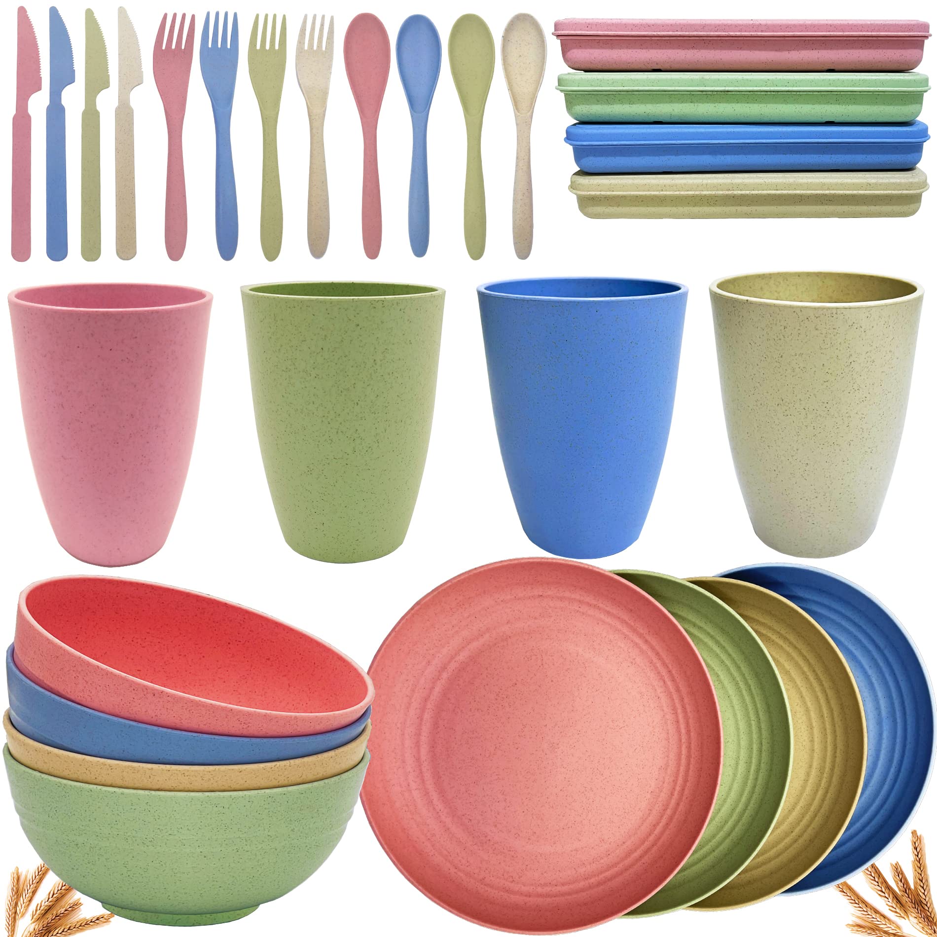 Lebikol Wheat Straw Dinnerware Sets,28pcs Plastic Unbreakable Outdoor Picnic Dishware,Reusable Kids Lightweight Bowls,Plates,and Cups Sets,Dishwasher and Microwave Safe,Camping,RV,Dorm Dinner Sets