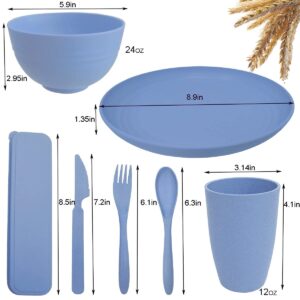 Lebikol Wheat Straw Dinnerware Sets,28pcs Plastic Unbreakable Outdoor Picnic Dishware,Reusable Kids Lightweight Bowls,Plates,and Cups Sets,Dishwasher and Microwave Safe,Camping,RV,Dorm Dinner Sets