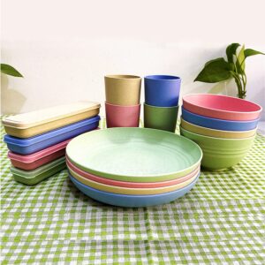 Lebikol Wheat Straw Dinnerware Sets,28pcs Plastic Unbreakable Outdoor Picnic Dishware,Reusable Kids Lightweight Bowls,Plates,and Cups Sets,Dishwasher and Microwave Safe,Camping,RV,Dorm Dinner Sets