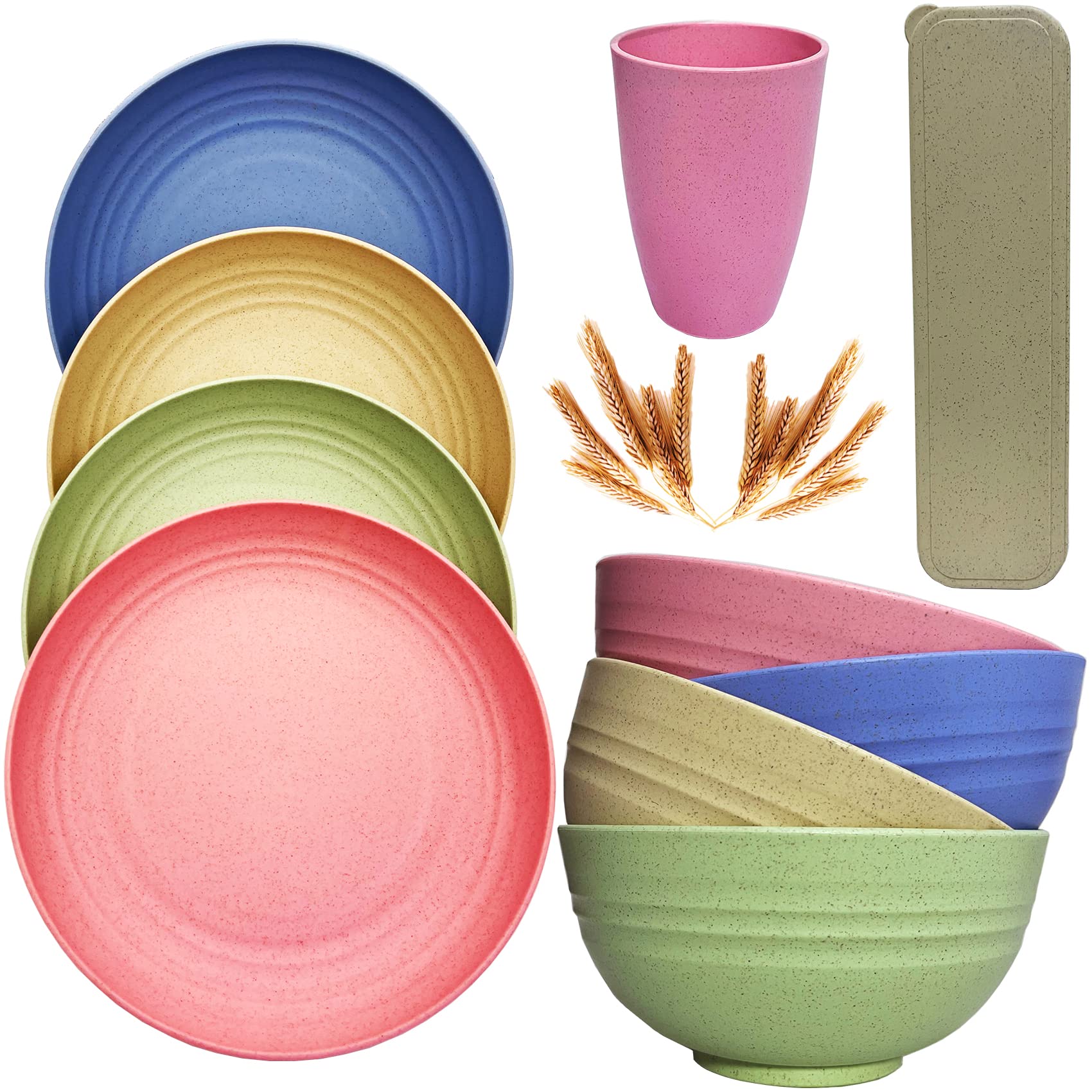 Lebikol Wheat Straw Dinnerware Sets,28pcs Plastic Unbreakable Outdoor Picnic Dishware,Reusable Kids Lightweight Bowls,Plates,and Cups Sets,Dishwasher and Microwave Safe,Camping,RV,Dorm Dinner Sets