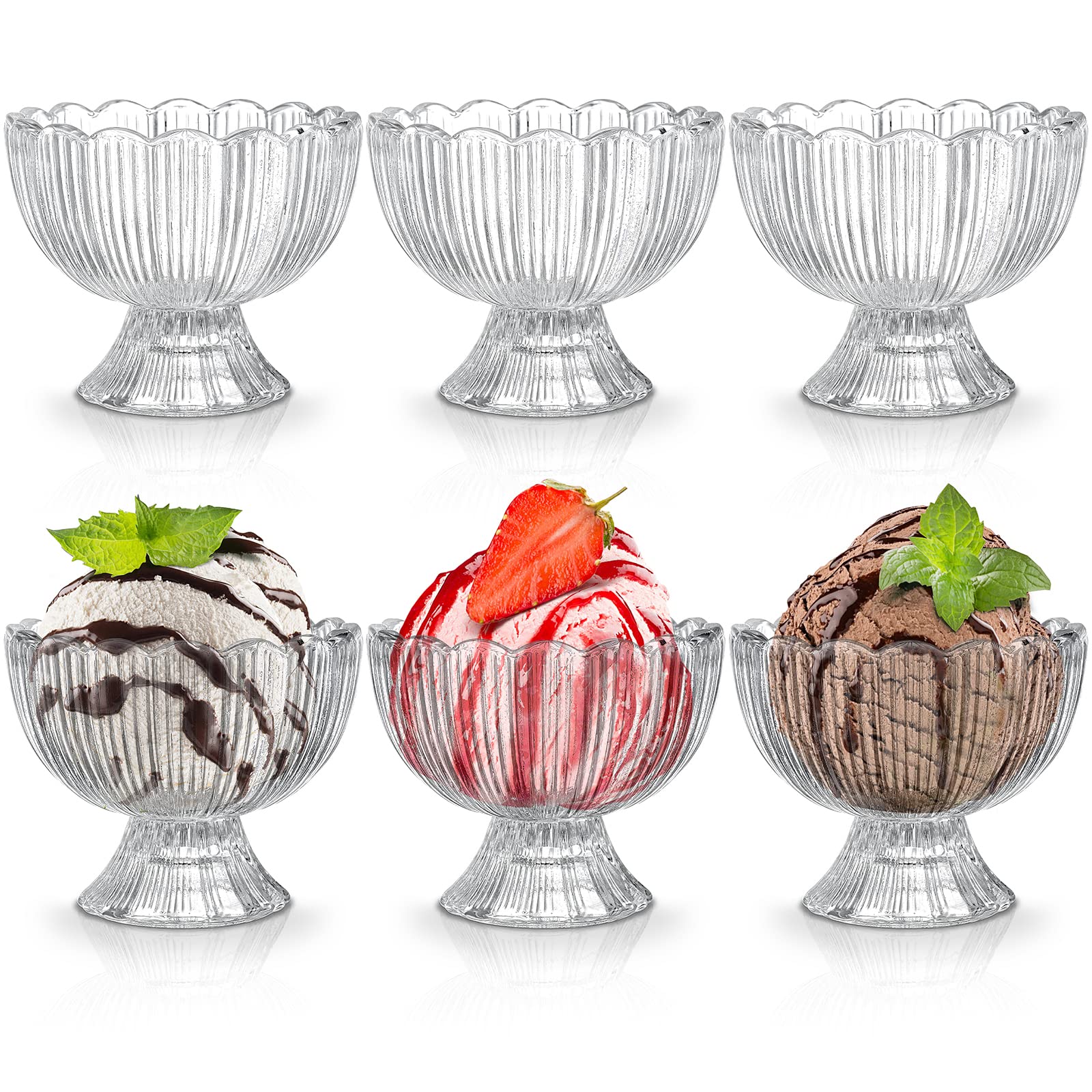 ZEAYEA Set of 6 Glass Dessert Bowls, 5.6 oz Clear Glass Ice Cream Sundae Cups, Small Footed Trifle Cups for Salad, Fruit, Parfait, Cocktail, Snack, Nuts