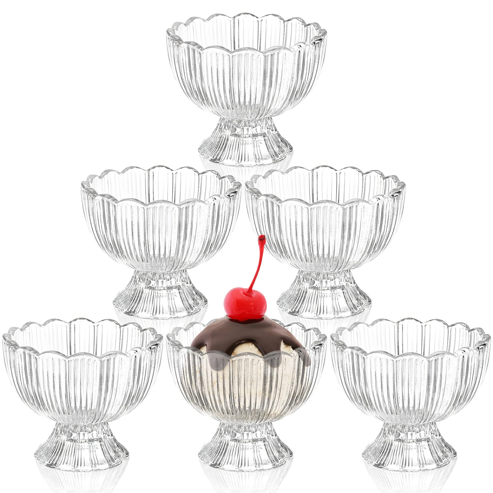 ZEAYEA Set of 6 Glass Dessert Bowls, 5.6 oz Clear Glass Ice Cream Sundae Cups, Small Footed Trifle Cups for Salad, Fruit, Parfait, Cocktail, Snack, Nuts