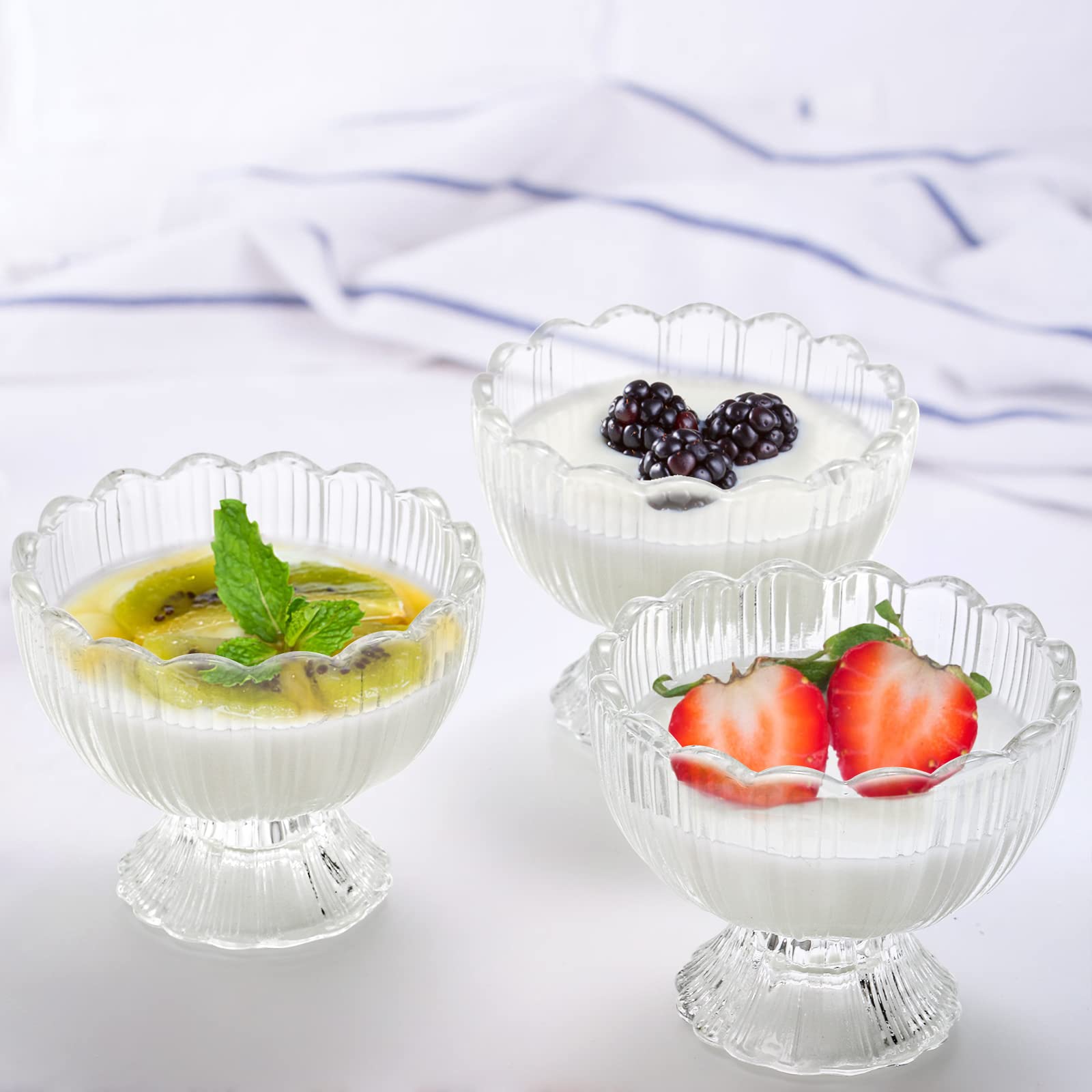 ZEAYEA Set of 6 Glass Dessert Bowls, 5.6 oz Clear Glass Ice Cream Sundae Cups, Small Footed Trifle Cups for Salad, Fruit, Parfait, Cocktail, Snack, Nuts