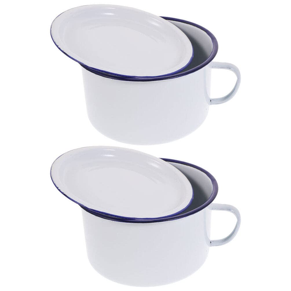 Alipis Antique Kitchen Bowl 2pcs Mixing Bowls Large Enamel on Ceramic Mug with Lid Handle Covered Ramen Noodle Soup Bowl Retro Enamelware Container 14X8CM 1.2L Noodle Bowl