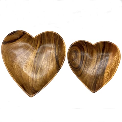 WRIGHTMART Wooden Bowl Set of 2, Decorative Heart Shaped Server for Food, Salad, Nut Mixes, Versatile, Use as a Jewelry, Coin Catchall Dish, Add Heart to Culinary Creations, Acacia Wood