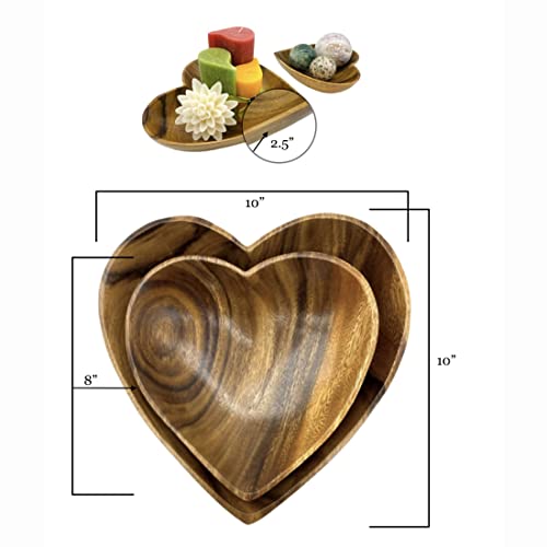 WRIGHTMART Wooden Bowl Set of 2, Decorative Heart Shaped Server for Food, Salad, Nut Mixes, Versatile, Use as a Jewelry, Coin Catchall Dish, Add Heart to Culinary Creations, Acacia Wood