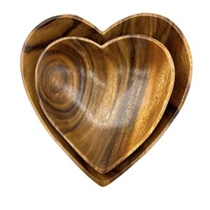 WRIGHTMART Wooden Bowl Set of 2, Decorative Heart Shaped Server for Food, Salad, Nut Mixes, Versatile, Use as a Jewelry, Coin Catchall Dish, Add Heart to Culinary Creations, Acacia Wood