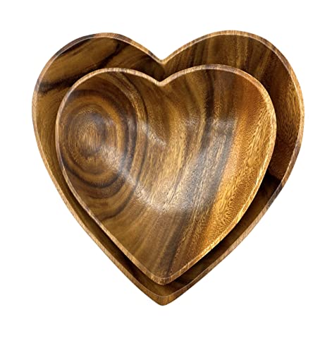 WRIGHTMART Wooden Bowl Set of 2, Decorative Heart Shaped Server for Food, Salad, Nut Mixes, Versatile, Use as a Jewelry, Coin Catchall Dish, Add Heart to Culinary Creations, Acacia Wood