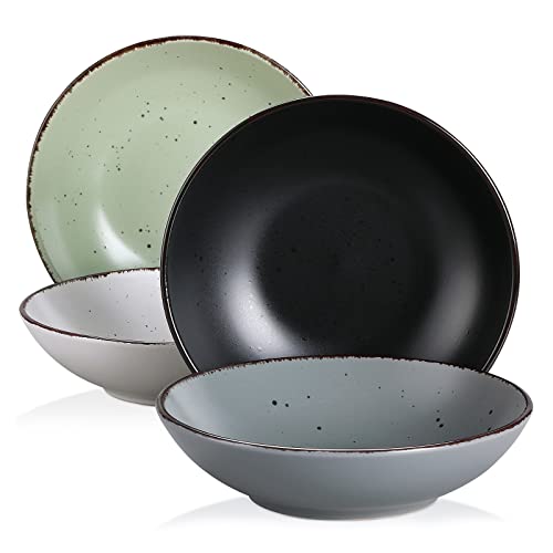 vancasso Moda Soup Bowl Set of 4, Multicolour Pasta Bowl 8 inch Ceramic Soup Plate, Stoneware Vintage Look Cream Bowls for Kitchen, 30 oz Ramen Noodle Bowl (Black/White/Cyan/Grey)