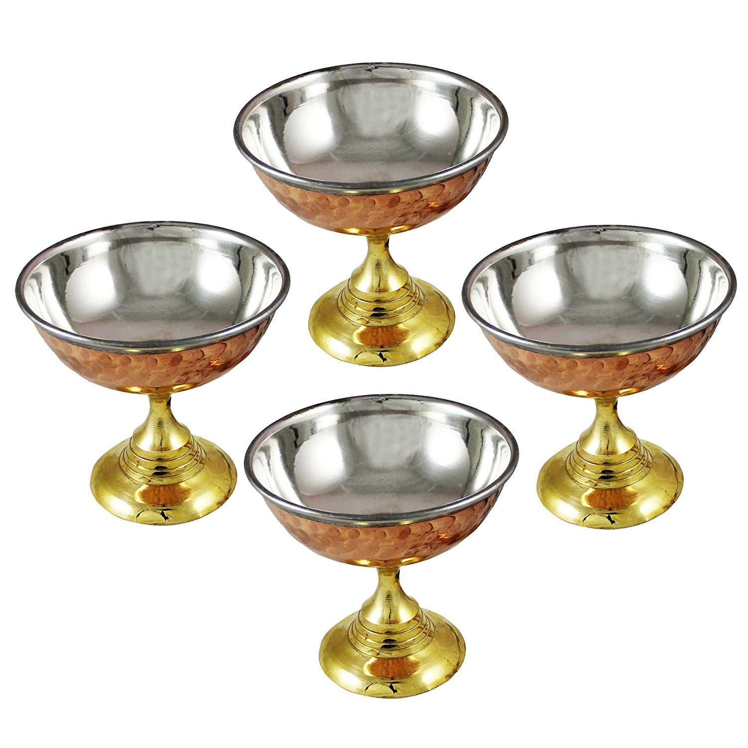 PARIJAT HANDICRAFT Pack of 4 Ice Cream Cup Bowl with Stand Copper Stainless Steel Tableware for Desserts.