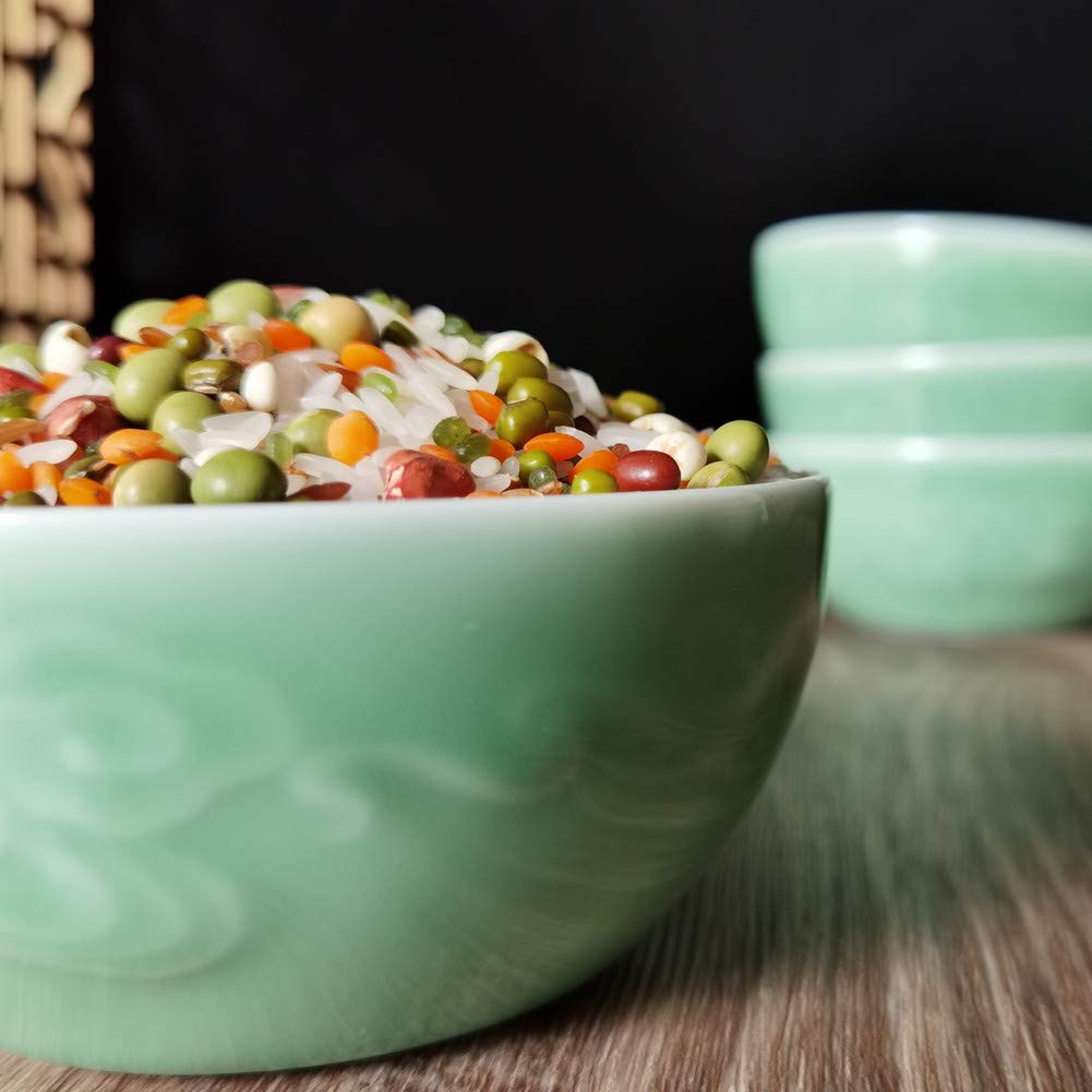 Chinese Rice Bowls 10-Ounce 4.5 inch Celadon Glazed Cereal Bowl Embossed with Auspicious Clouds Porcelain(Set of 4) (Green02)