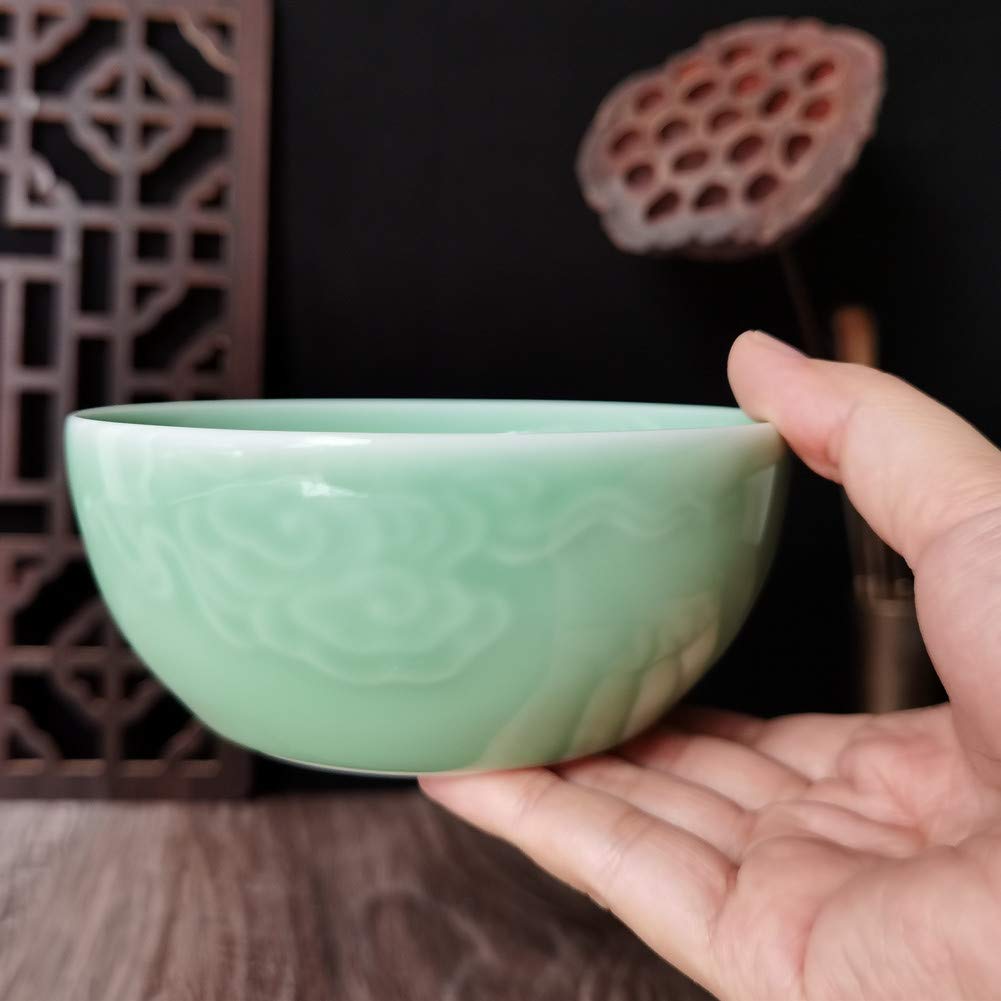 Chinese Rice Bowls 10-Ounce 4.5 inch Celadon Glazed Cereal Bowl Embossed with Auspicious Clouds Porcelain(Set of 4) (Green02)