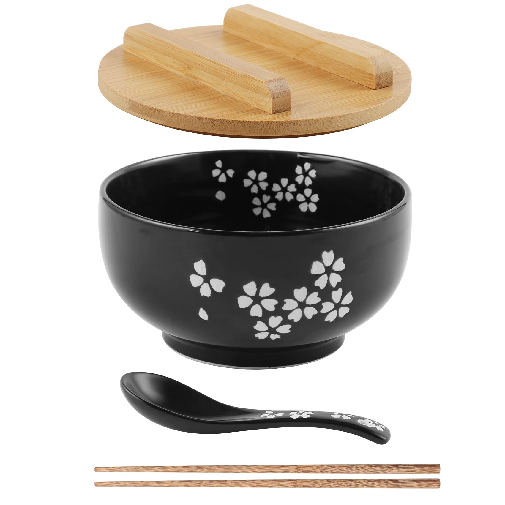 Aeiniwer Japanese Vintage Noodle Bowl with Lid Spoon Black Ceramic Ramen Bowl Hand Drawn Rice Bowl Retro Tableware Noodle Bowl 6.5 inch? (PKS-DGW-2P)