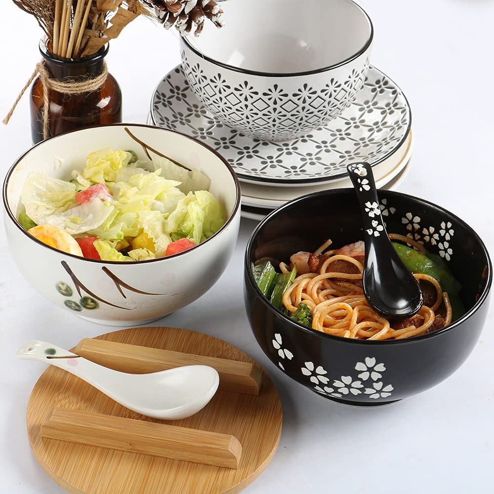 Aeiniwer Japanese Vintage Noodle Bowl with Lid Spoon Black Ceramic Ramen Bowl Hand Drawn Rice Bowl Retro Tableware Noodle Bowl 6.5 inch? (PKS-DGW-2P)