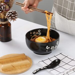 Aeiniwer Japanese Vintage Noodle Bowl with Lid Spoon Black Ceramic Ramen Bowl Hand Drawn Rice Bowl Retro Tableware Noodle Bowl 6.5 inch? (PKS-DGW-2P)