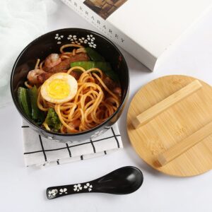 Aeiniwer Japanese Vintage Noodle Bowl with Lid Spoon Black Ceramic Ramen Bowl Hand Drawn Rice Bowl Retro Tableware Noodle Bowl 6.5 inch? (PKS-DGW-2P)