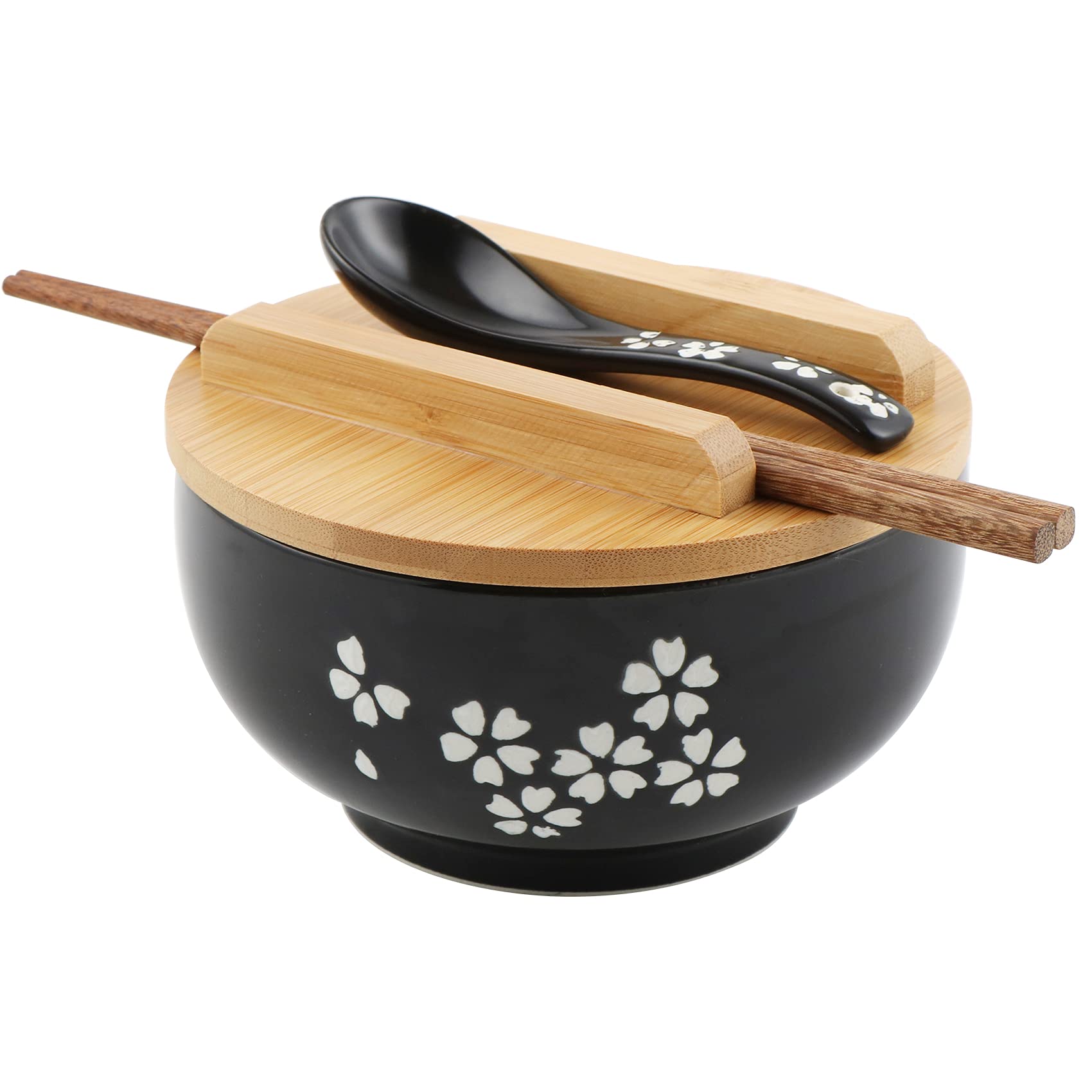 Aeiniwer Japanese Vintage Noodle Bowl with Lid Spoon Black Ceramic Ramen Bowl Hand Drawn Rice Bowl Retro Tableware Noodle Bowl 6.5 inch? (PKS-DGW-2P)