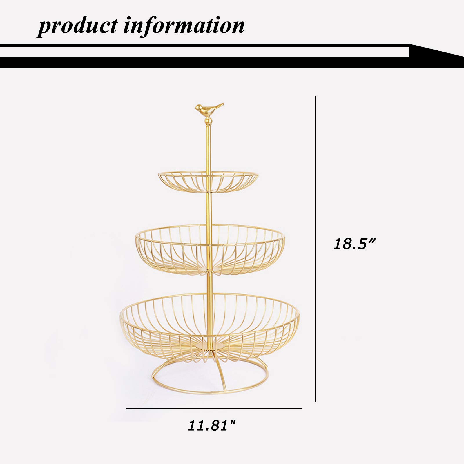 SuperDuo 3-Tier Fruit Basket Bowl Metal Wire Countertop Vegetable Stand Holder with Top Handle-Bird Shape for Kitchen Livingroom -Golden