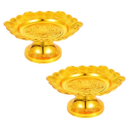 2pcs Buddhist Plate Offering Bowls Fruit Tray Temple Offerings Bowl Gold Lotus Footed Fruit Serving Tray Dessert Cake Stand Food Riser Holder for Altar Rituals