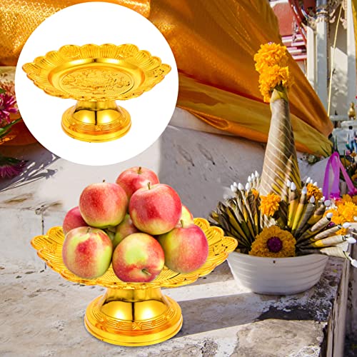 2pcs Buddhist Plate Offering Bowls Fruit Tray Temple Offerings Bowl Gold Lotus Footed Fruit Serving Tray Dessert Cake Stand Food Riser Holder for Altar Rituals