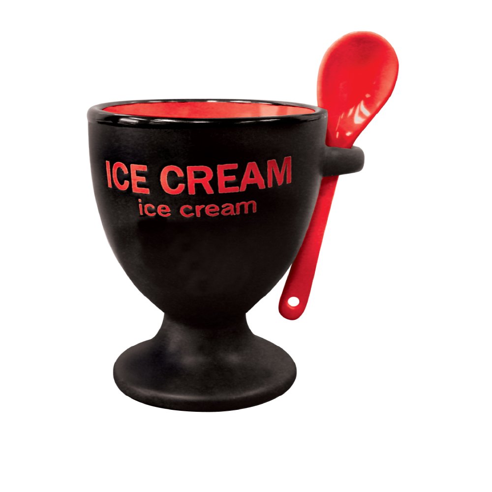 Rockin Gear Novelty Ice Cream Cups and Spoon Set Combo Ceramic Fun Dessert Dish and Kitchenware (Red)