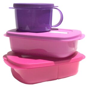 tupperware crystalwave 3 piece set microwave divided dish bowl and mug pink and purple