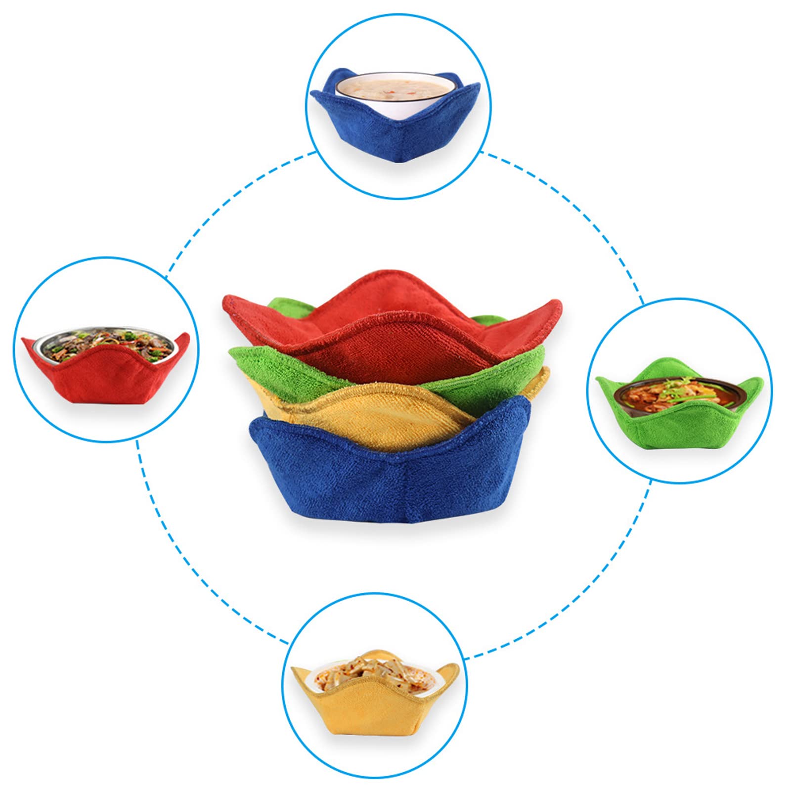 MEMQUQ Microwave Bowl Huggers Holders for Hot Food Set of 4, Protect Your Hands from Heat, Safe Holder and Bowl Cozy, Multipurpose Hot Heat Proof Plate Holder (Red, Green, Yellow, Blue, 4-Piece Set)