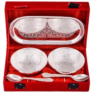 rastogi handicrafts silver plated round shaped bowl and tray set dry fruit bowl set, diwali, christmas, festival gifts, set