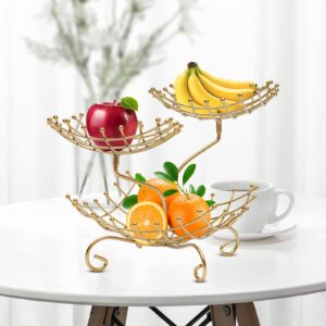 3 Tier Fruit Bowl Stand, Metal Fruit Basket Fruit Rack Countertop Fruit Holder Fruit Snack Storage Baskets Candy Tray Plate (Gold)