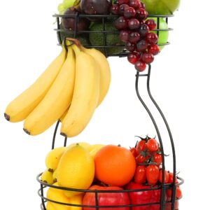 WELLCASA 2-Tier Metal Countertop Fruit Vegetables Basket, Bread Wire Basket, Fruit Storage with Banana Hanger, Black