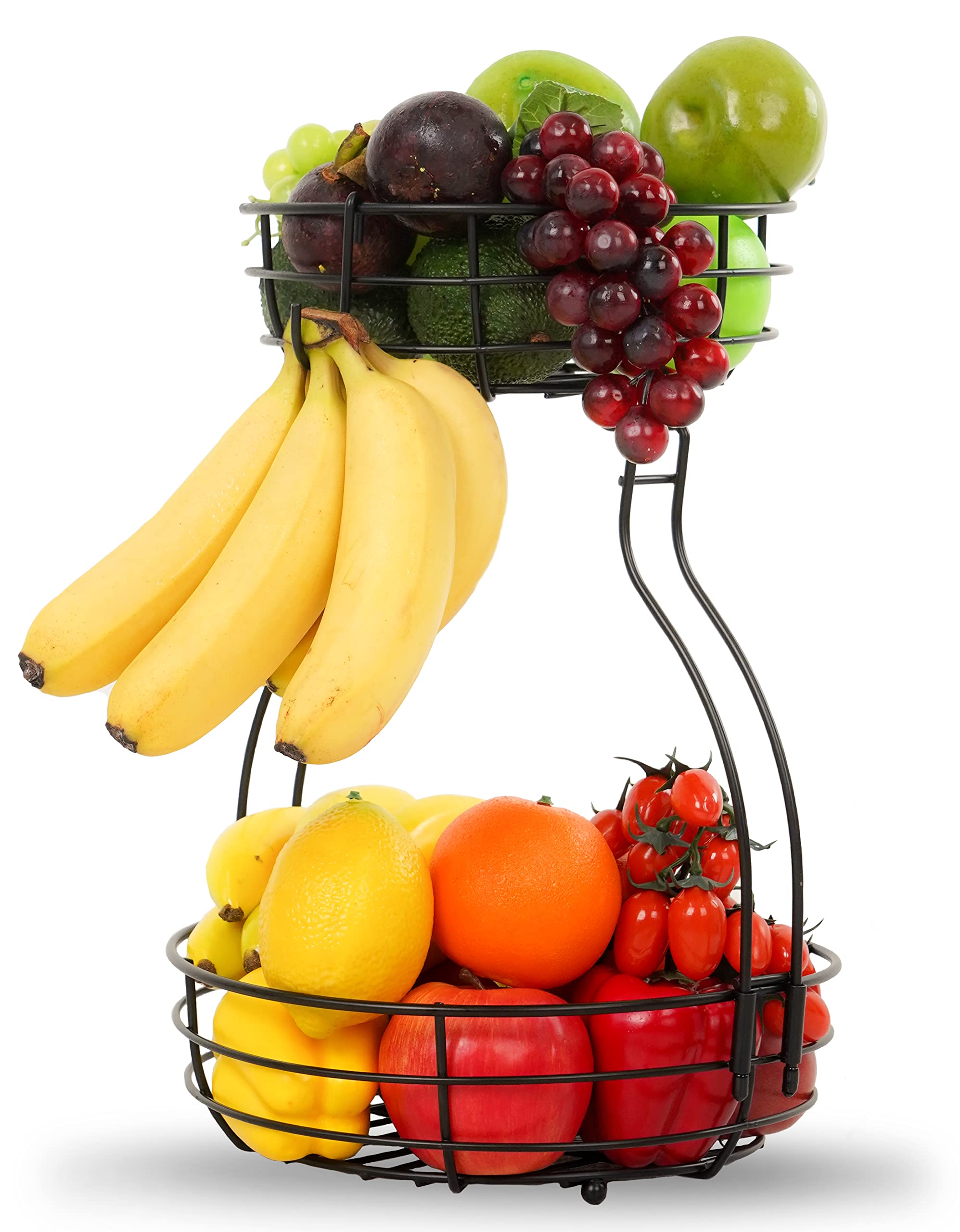 WELLCASA 2-Tier Metal Countertop Fruit Vegetables Basket, Bread Wire Basket, Fruit Storage with Banana Hanger, Black