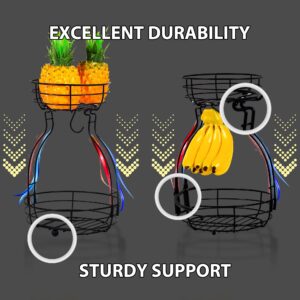 WELLCASA 2-Tier Metal Countertop Fruit Vegetables Basket, Bread Wire Basket, Fruit Storage with Banana Hanger, Black