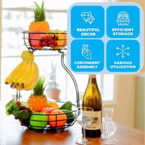 WELLCASA 2-Tier Metal Countertop Fruit Vegetables Basket, Bread Wire Basket, Fruit Storage with Banana Hanger, Black