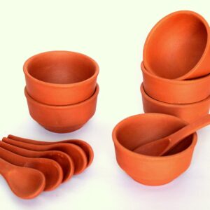 KLEO - Clay Re-usable Soup Bowls and Spoons - Set of 12 | Terracotta Soup Bowls Set - 3.75" Inches - Brown