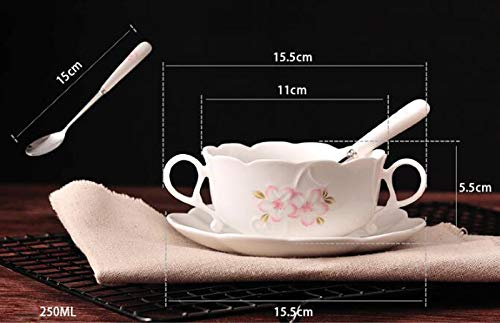 YBK Tech Breakfast Cup Bone China Porcelain Dessert Bowls Soup Mug With Saucer and Spoon (White)