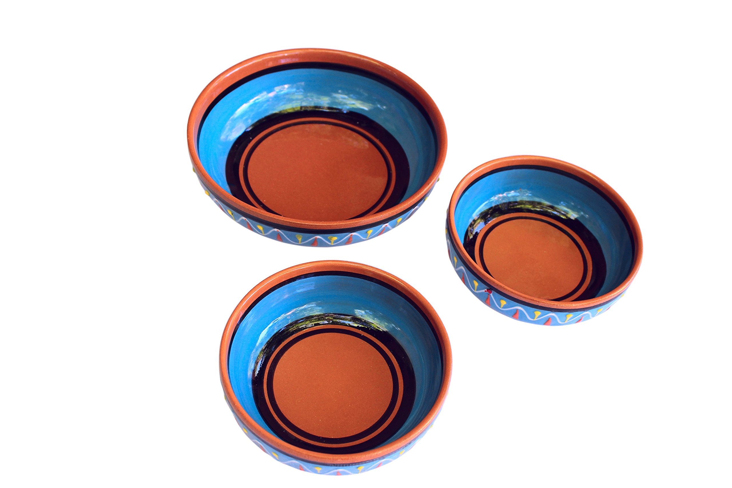 Canyon Cactus Ceramics Spanish Terracotta Set Of 3 Small Dipping Bowls, Blue