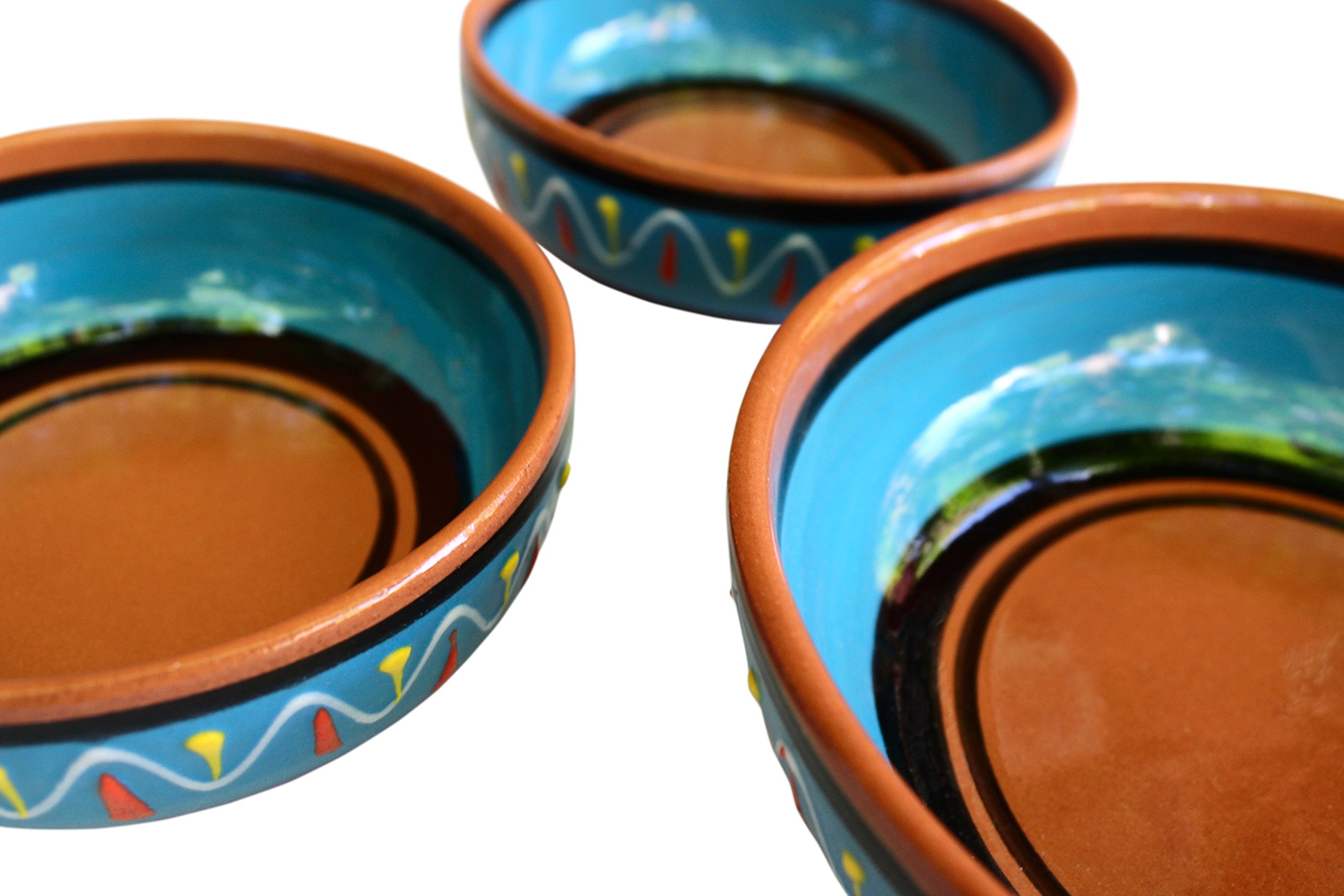 Canyon Cactus Ceramics Spanish Terracotta Set Of 3 Small Dipping Bowls, Blue