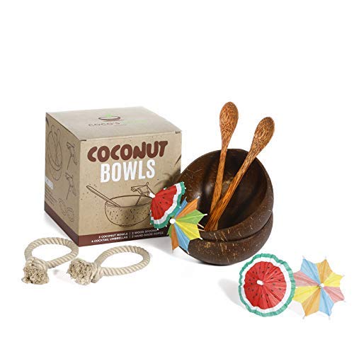 Coco's Boon Upgraded LeakProof Coconut Bowl Set. Big Coconut Bowls with Spoons, Stabilizers, Umbrellas. Natural Coconut Bowls for Acai Bowl, Coconut Cups Hawaiian Party Shells, Wooden Smoothie Bowls