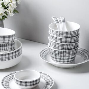 Colias Wing 5 Inches Black Checked Pattern Design Ceramic Salad/Pasta/Fruit/Appetizer/Dessert Bowls-Set of 2-White