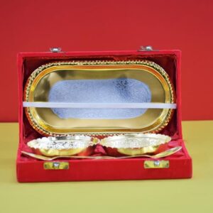 puja n pujari gold plated bowls tray and spoon set for dry fruits and sweets for return gifts (model 2)