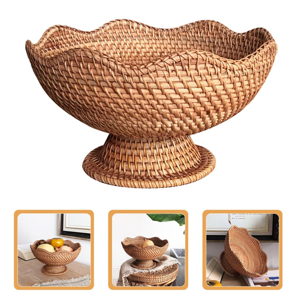 Cabilock Rattan Fruit Bowl Footed Decorative Fruit Basket Dessert Display Stand Food Snack Storage Tray for Kitchen Counter Table Centerpiece 25cm