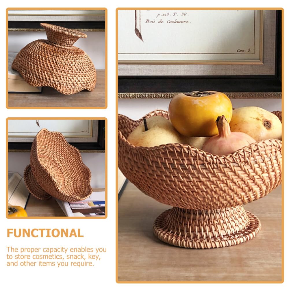 Cabilock Rattan Fruit Bowl Footed Decorative Fruit Basket Dessert Display Stand Food Snack Storage Tray for Kitchen Counter Table Centerpiece 25cm