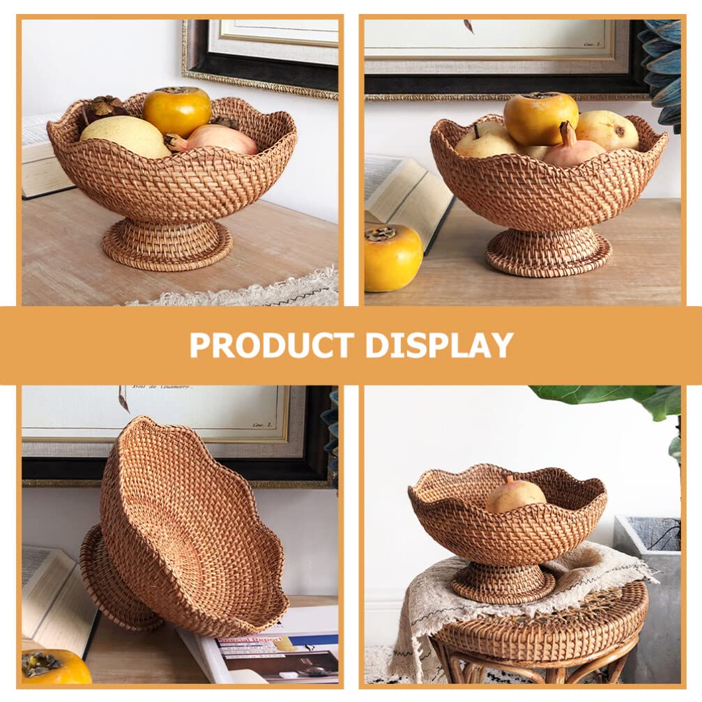 Cabilock Rattan Fruit Bowl Footed Decorative Fruit Basket Dessert Display Stand Food Snack Storage Tray for Kitchen Counter Table Centerpiece 25cm